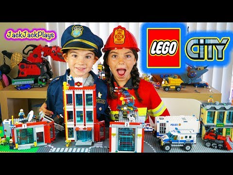 Lego City Fire and Cops! Fire Station and Engines, Police Trucks | JackJackPlays