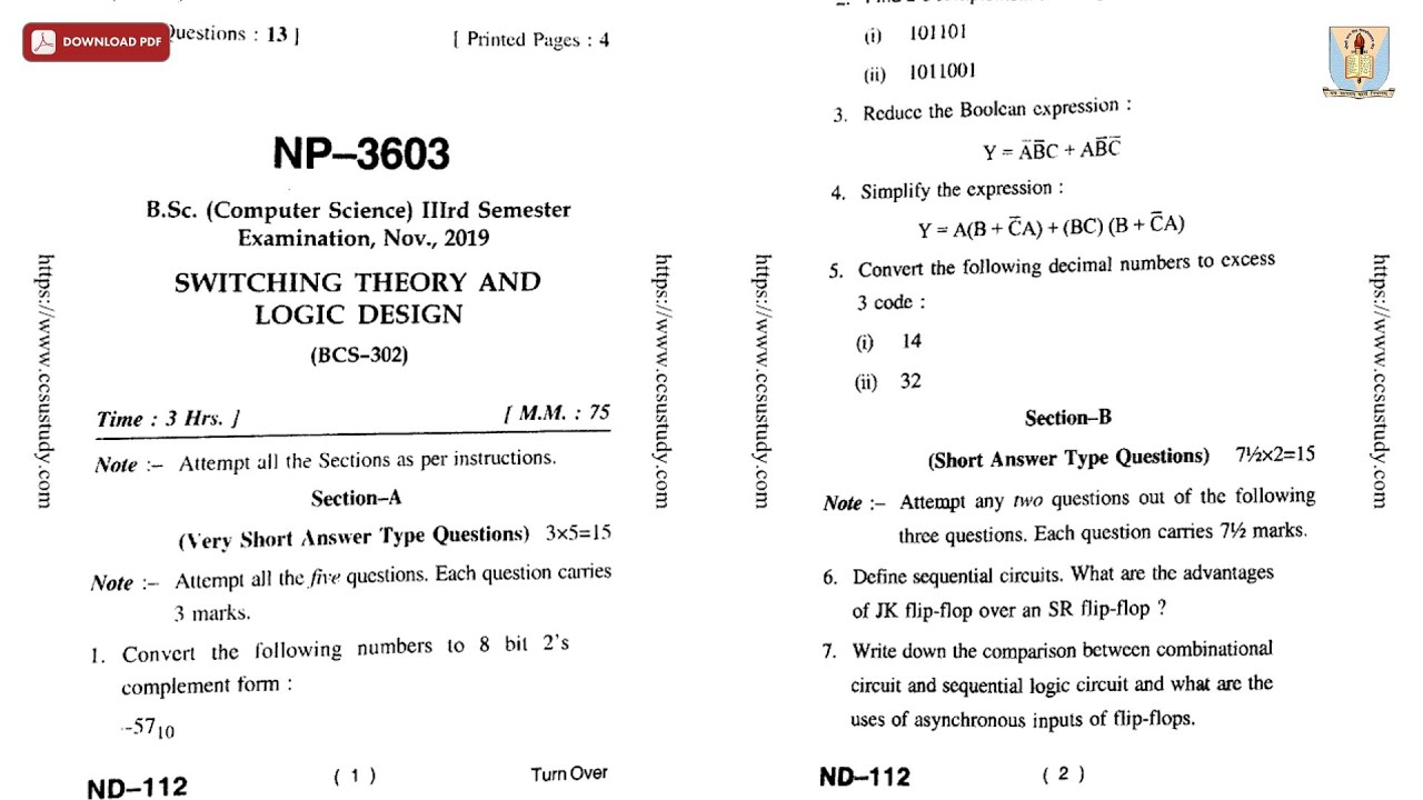 BSC 3RD SEM CS SWITCHING THEORY AND LOGIC DESIGN NP NOV 2019 | CCSU ...