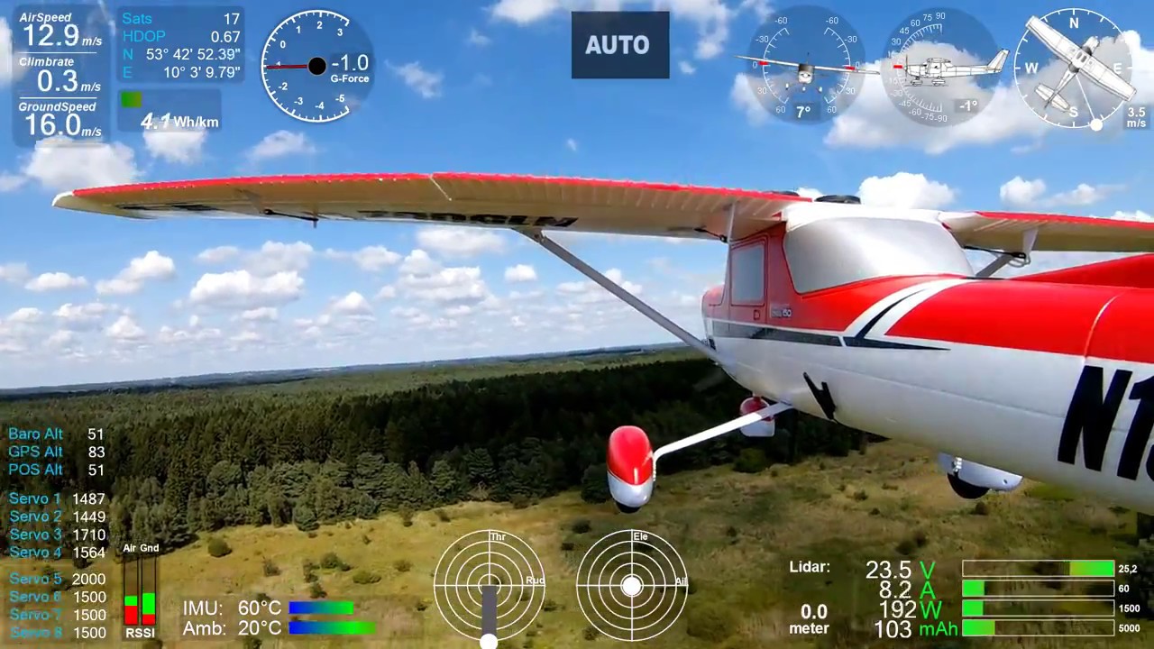 Arduplane Pixhawk 2.1 automatic takeoff, flight landing E-Flite Carbon-Z Cessna 150 + Dashware ...