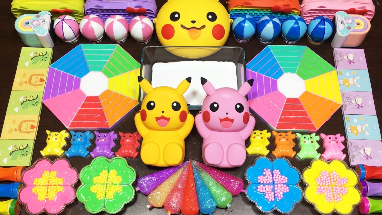 RAINBOW with PIPPING BAG ,PIKACHU and more into Glossy slime ...