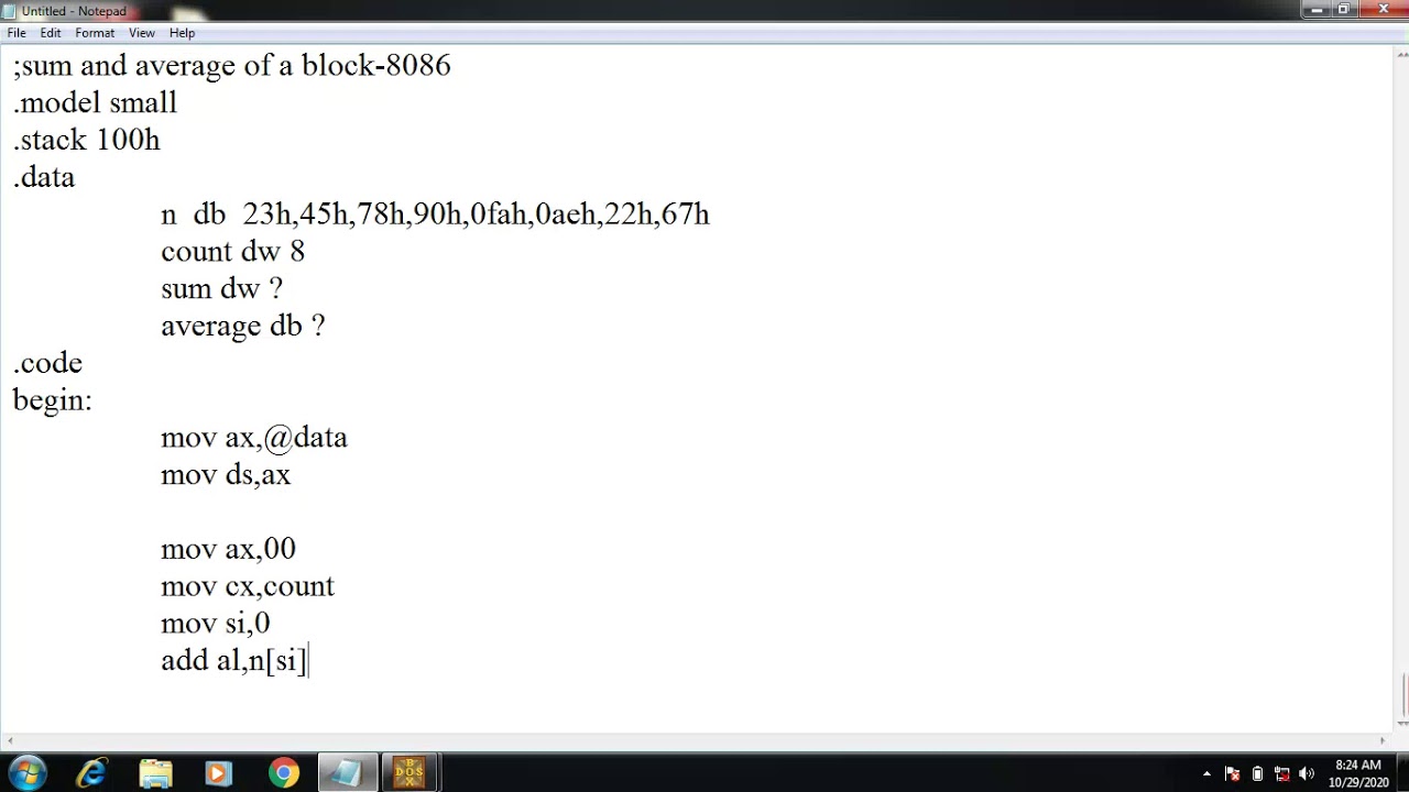 SUM AND AVERAGE OF A BLOCK-8086 - YouTube