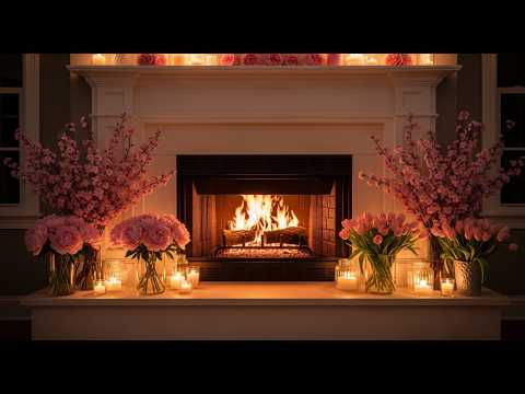 4K Cozy Spring Fireplace ASMR🌸🌷Cherry Blossom & Candlelight Ambience for Sleep Warm Ambience
