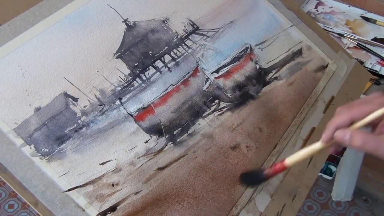 beach scene with boats in watercolor - YouTube