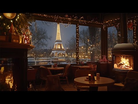 A Cozy Christmas Night From A Cafe In Paris🎄 Snowfall Winter Ambience With Crackling Fireplace