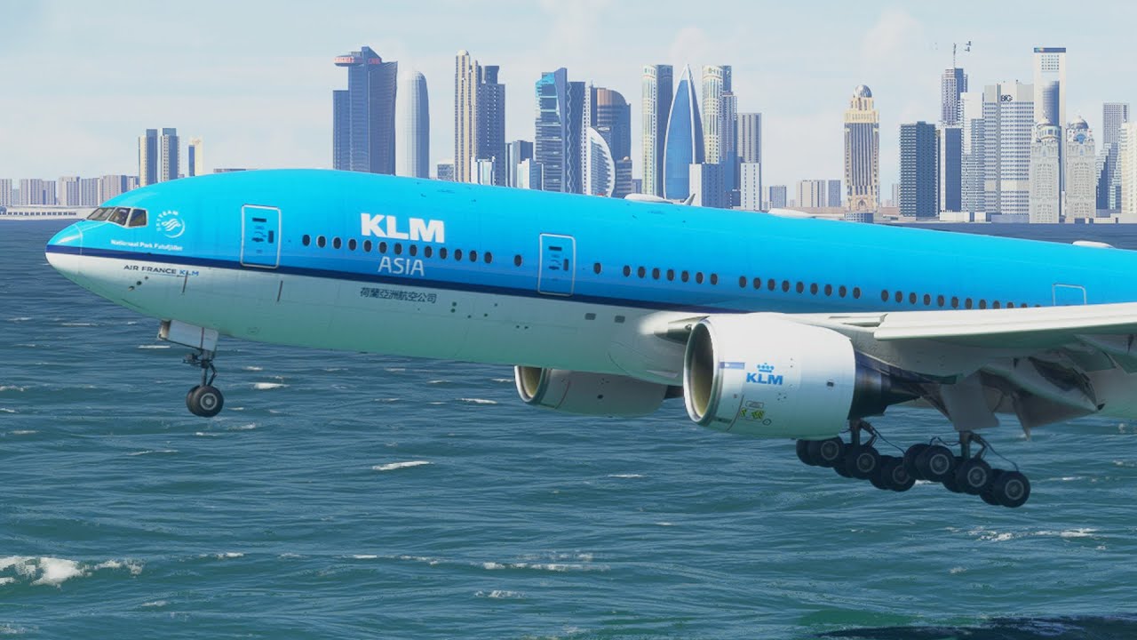 Smooth Landing!!! Boeing 777-200 Almost Touching Water When Landing At ...