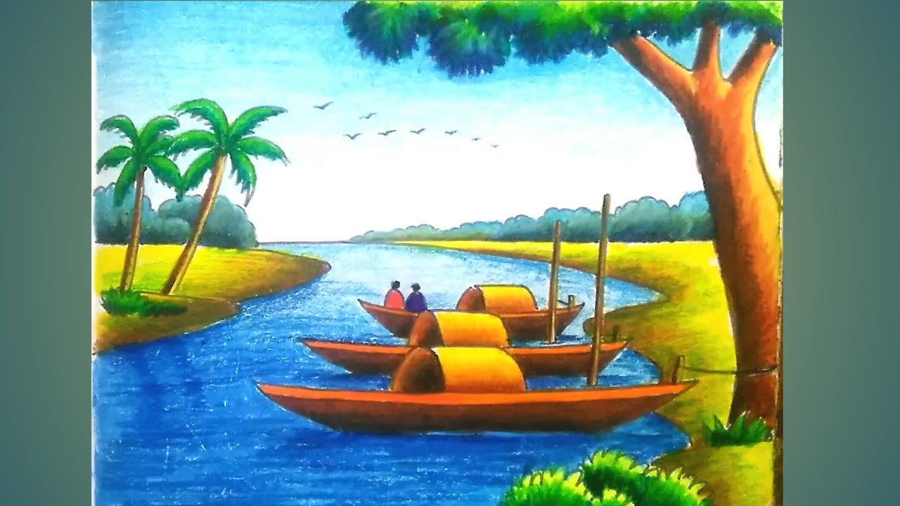 How to draw boat scenery step by step/river scenery drawing with boat ...
