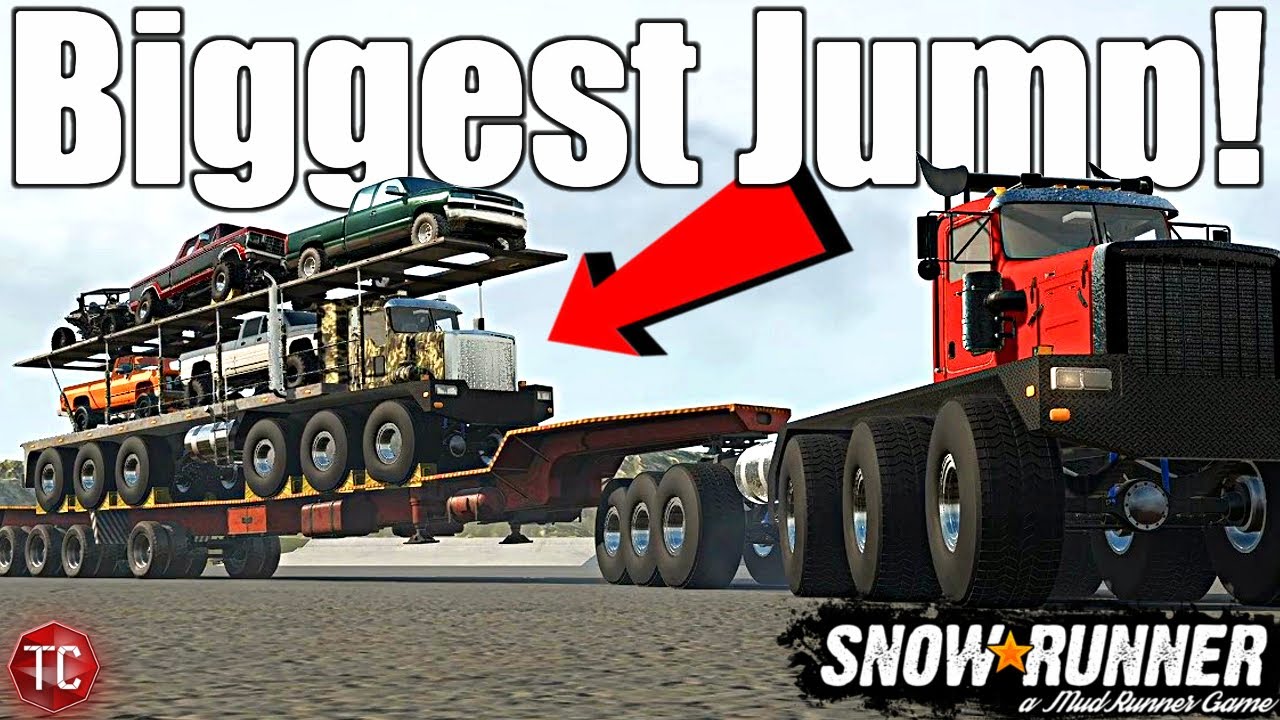 SnowRunner: 12x12 Pulls FULLY LOADED CAR HAULER Down THE BIGGEST JUMP ...