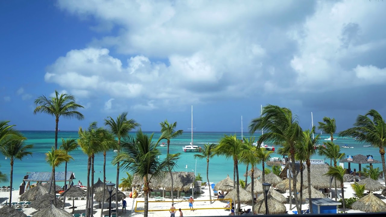 view of beach ocean palm trees from balcony tropical resort - YouTube