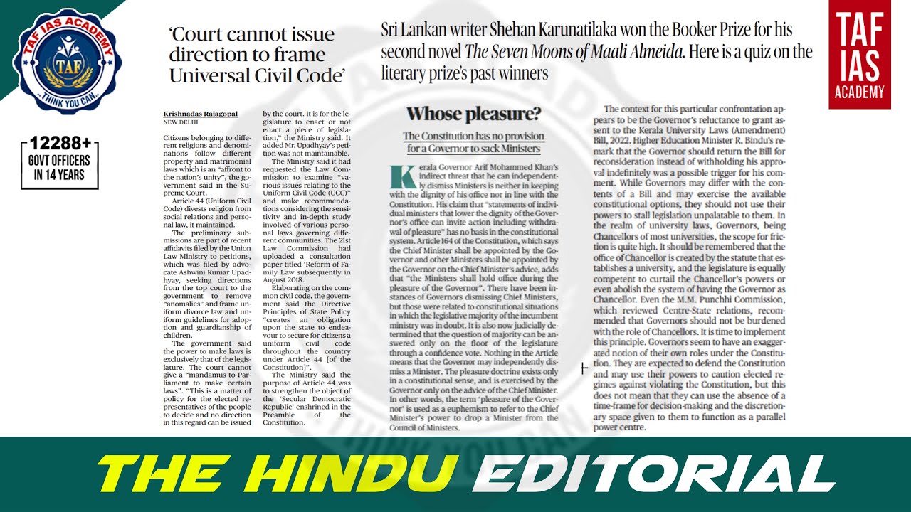 ARTICLE 164 , ARTICLE 44 , BOOKER PRIZE| THE HINDU EDITORIAL | 19.10. ...
