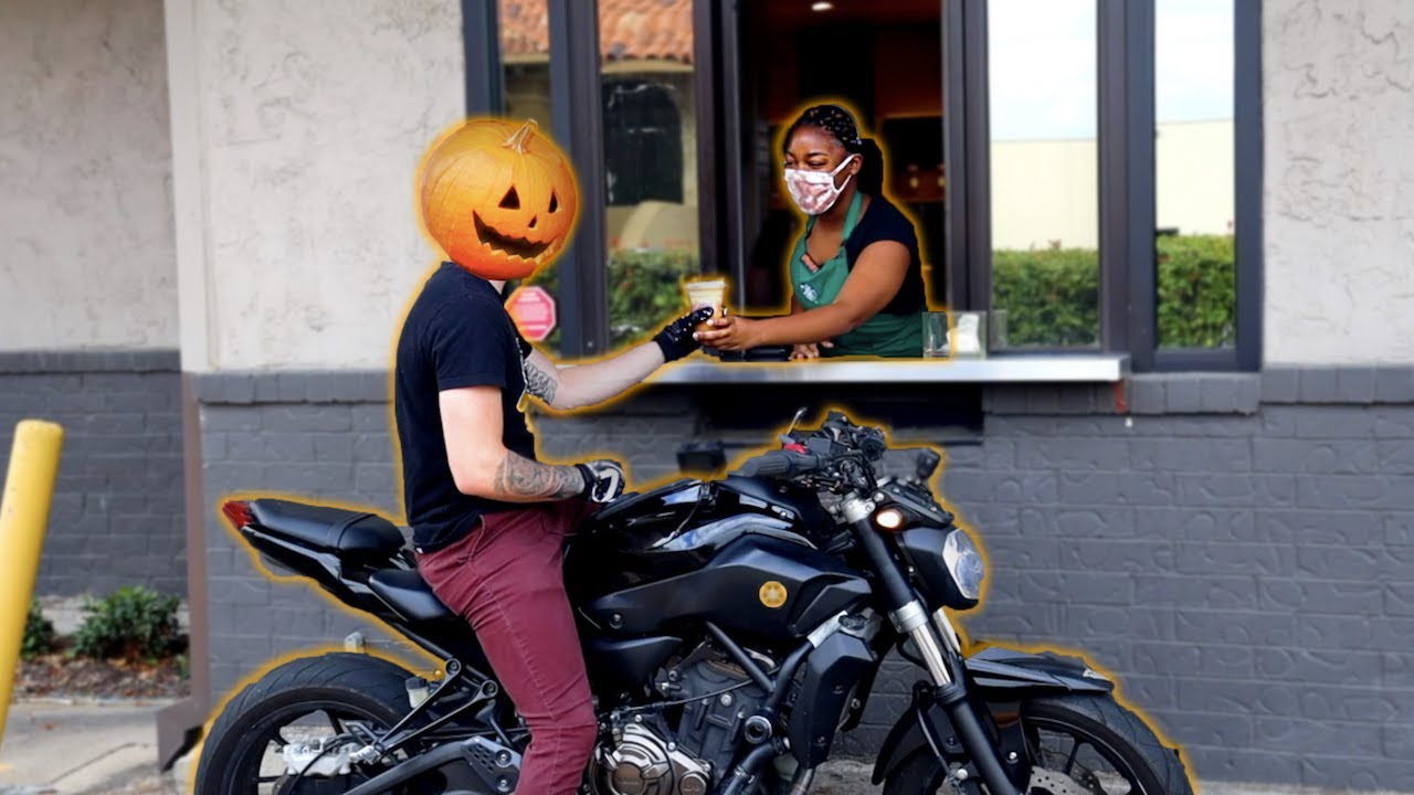 Motorcycle PUMPKIN HEAD orders PUMPKIN SPICED LATTE at Starbucks! - YouTube