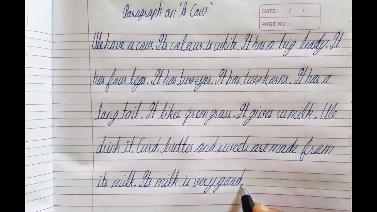 Paragraph 'On Cow'.Paragraph On Cow In Cursive Writing.'A Cow ...