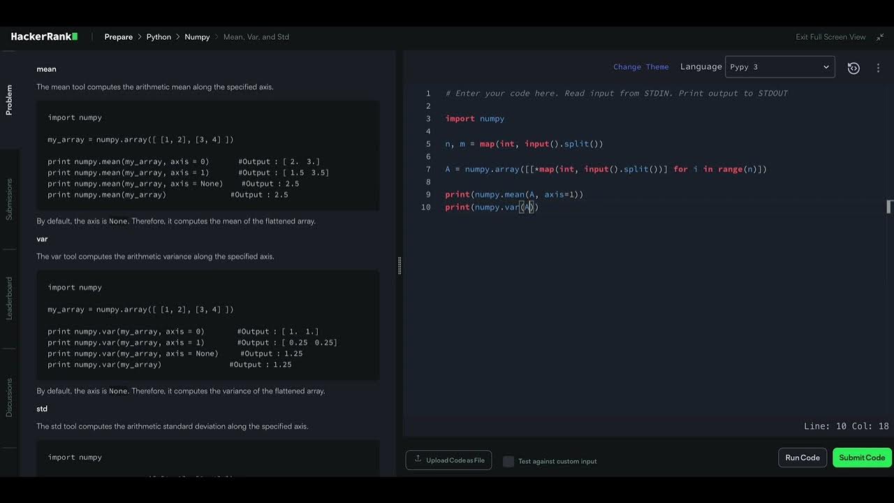 Hackerrank Python Solution #11 Numpy - Mean, Var, and Std - YouTube
