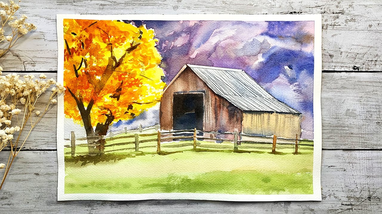 Watercolor Tutorial “Fall Barn“ | Step by Step Landscape painting ...
