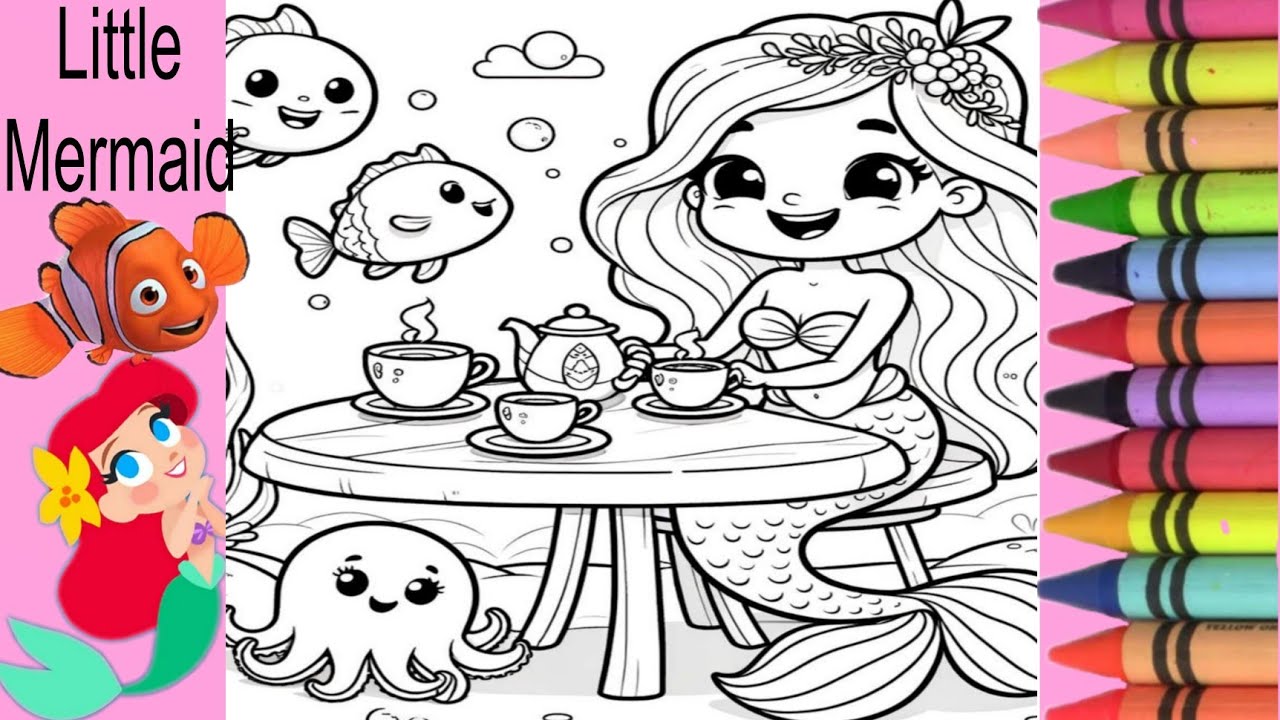Coloring Little Cute Mermaid with Friends, Mermaid coloring book page ...