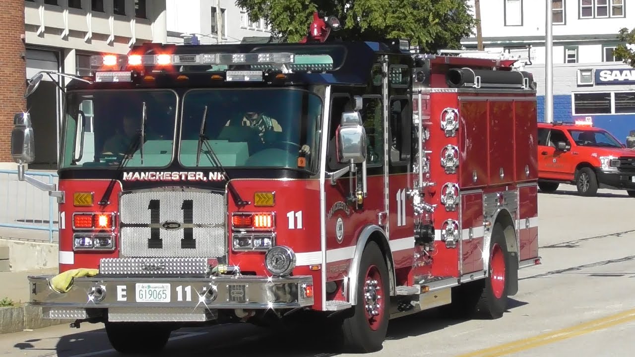 Manchester, NH Fire Department Engine 11 & Car 1 Responding - YouTube