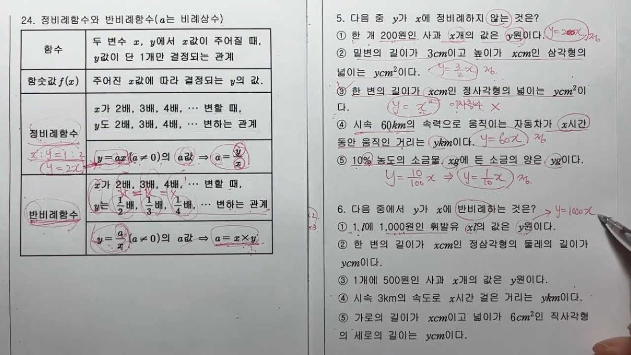 정비례 반비례 찾기 판별하기 객관식 활용문제 관계식 구하기 정비례x 분모 Y 분자 반비례 X Y 둘이 곱해 Yfx 중1수학 Youtube