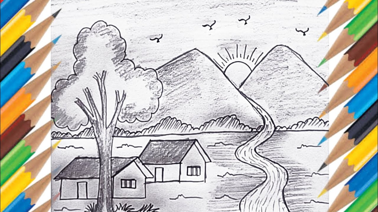 Simple scenery drawing l scenery drawing l kudrati drishya drawing l ...