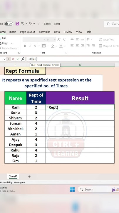 Rept Formula in Ms. Excel #excel #excelformula #exceltips #computereducation #exceltricks - YouTube