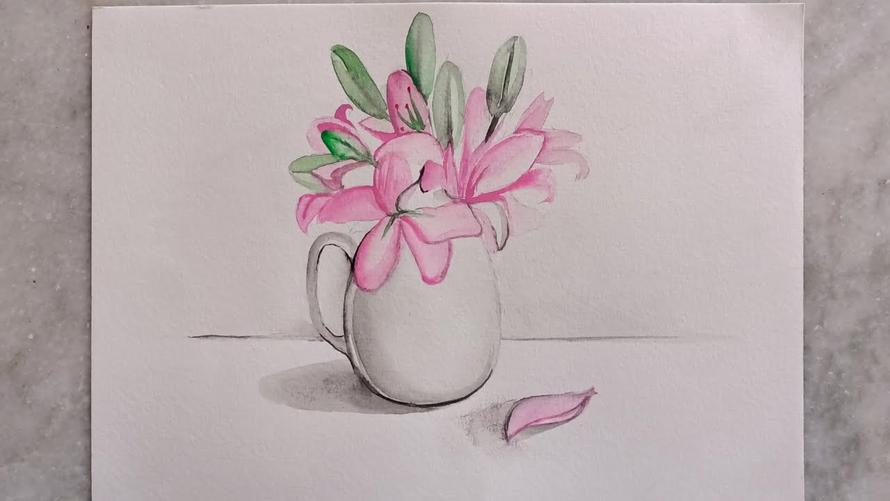 Flower pot drawing with Doms watercolor | drawing and arts uday - YouTube