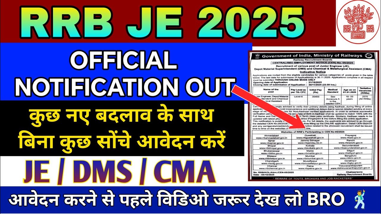 RRB JE NOTIFICATION 2025 | RRB DMS - CMA क्या होता है | JE NOTIFICATION ...