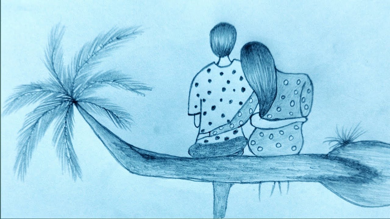 How to draw a couple sit on the tree with romance|| couple drawing ...