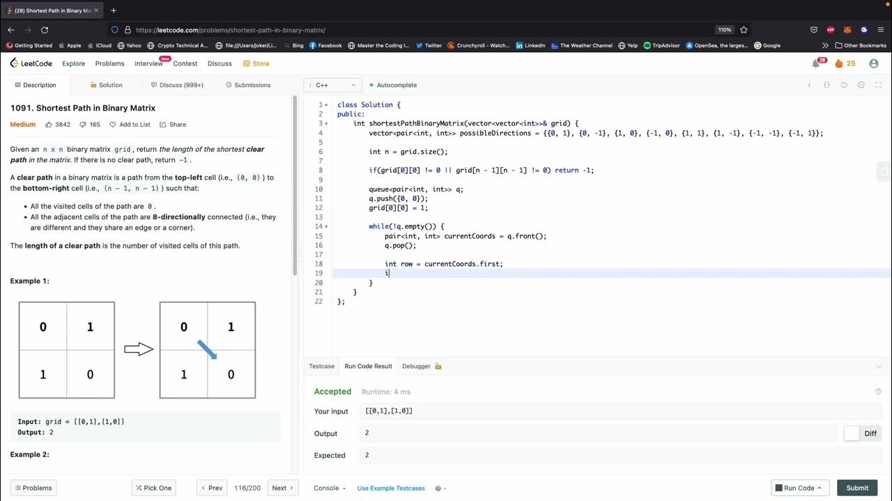 Leetcode 1091 Shortest Matrix Clear Path [C++] BFS - YouTube