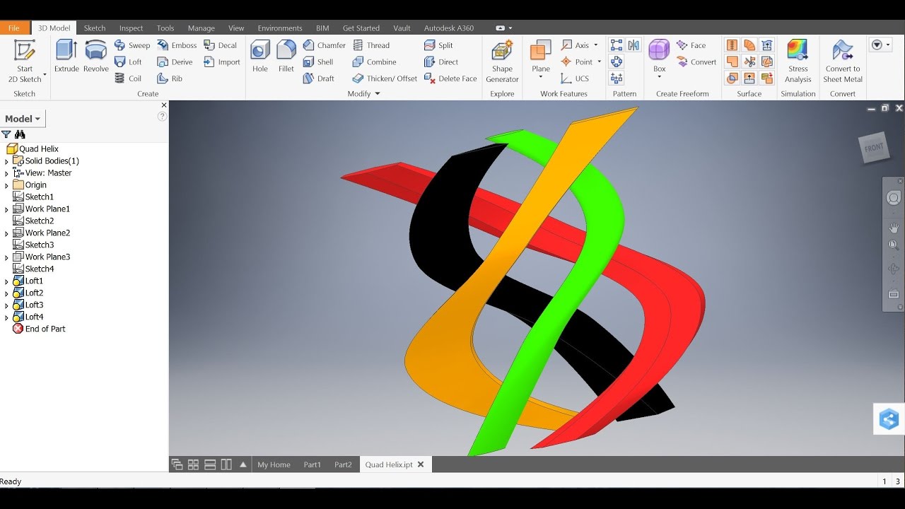 Autodesk Inventor 2017 - Loft Practice Activity #1 (Quad Helix) - YouTube