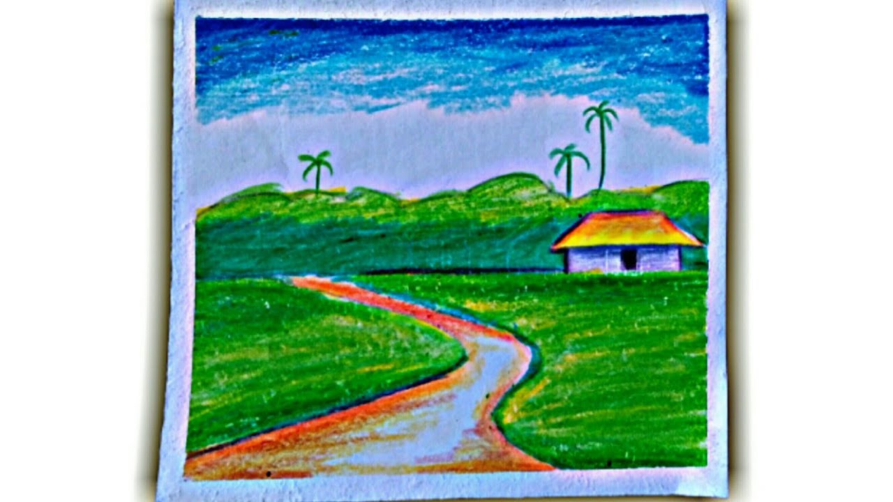 Scenery drawing easy Landscpes crayons colour - YouTube