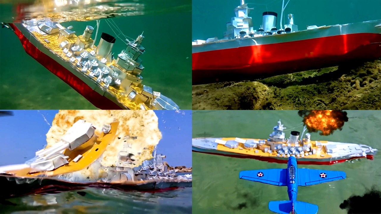 Battleship Yamato sinking, cardboard model of ship sinking after battle ...