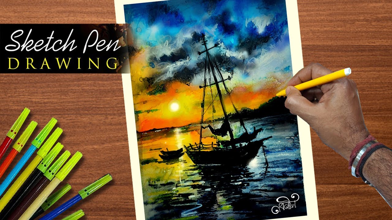 Beautiful Scenery Drawing With Sketch Pen | how to use sketch pens ...