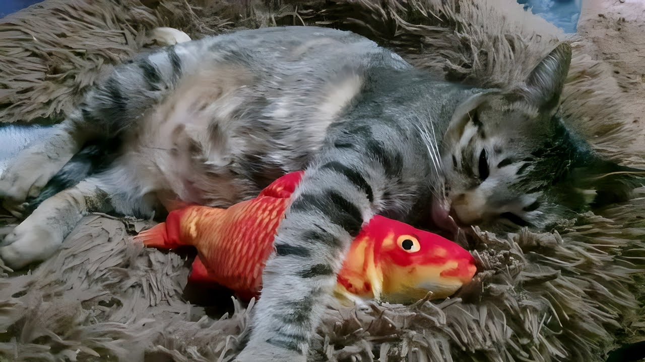 A Tabby cat that love her fish toy so much ️ - YouTube