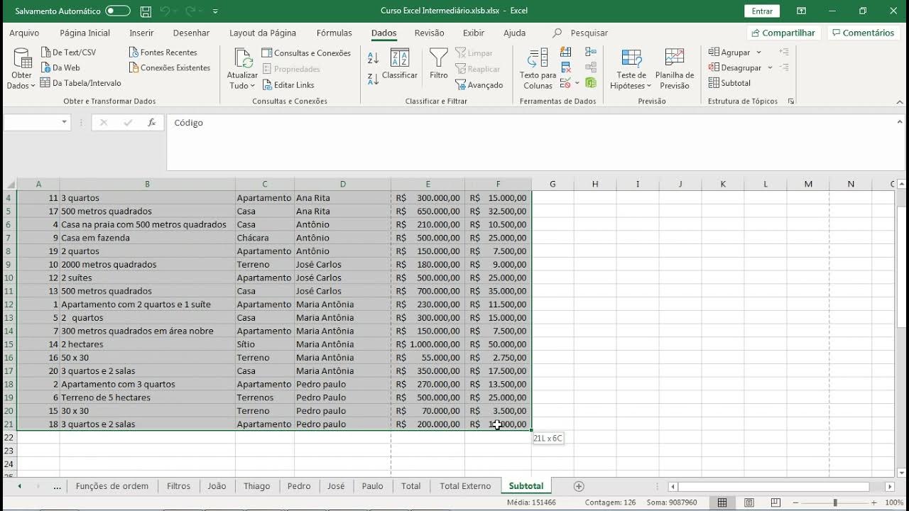 Excel Intermediário 13 - Subtotal - YouTube