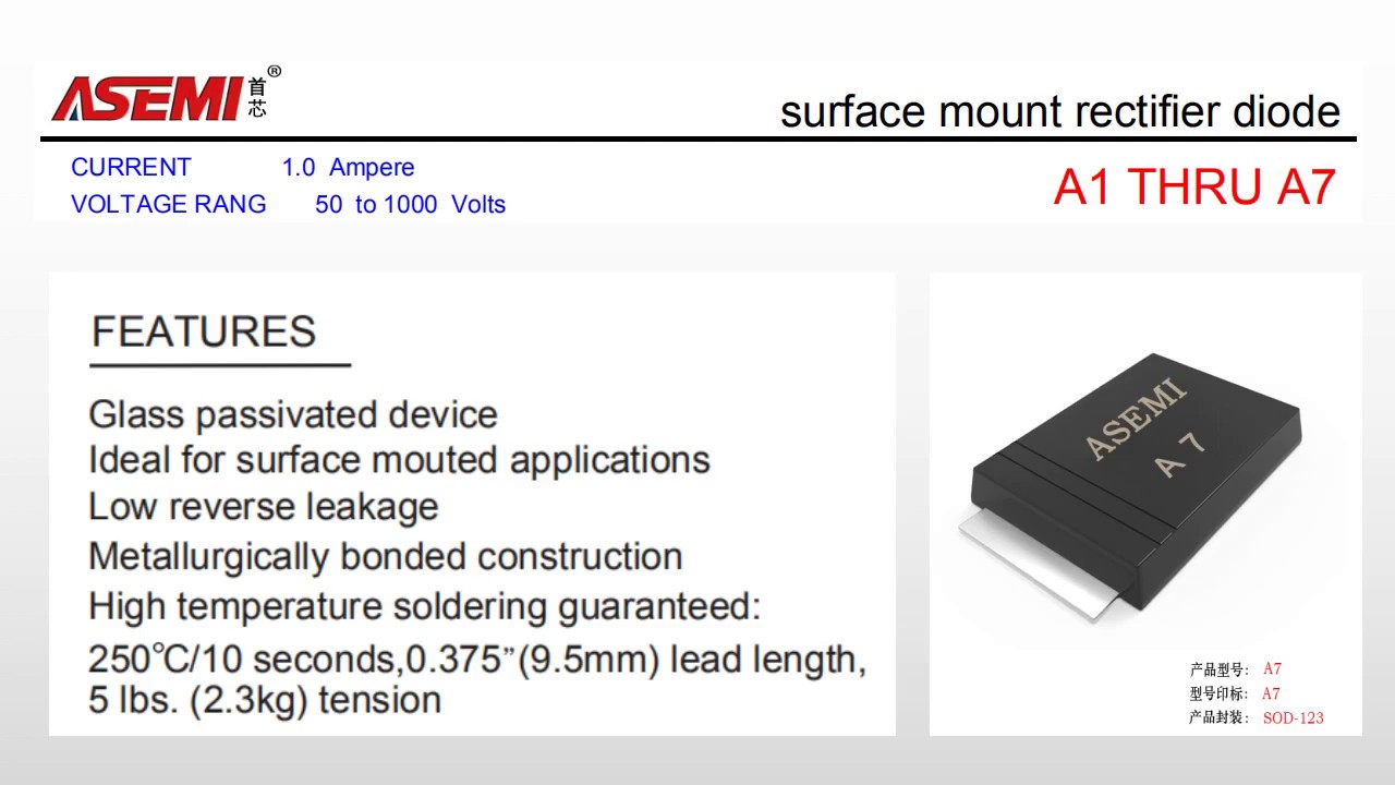 ASEMI Brasnd A7 SOD-123 Package SMD Rectifier Diode 1A1000V - YouTube