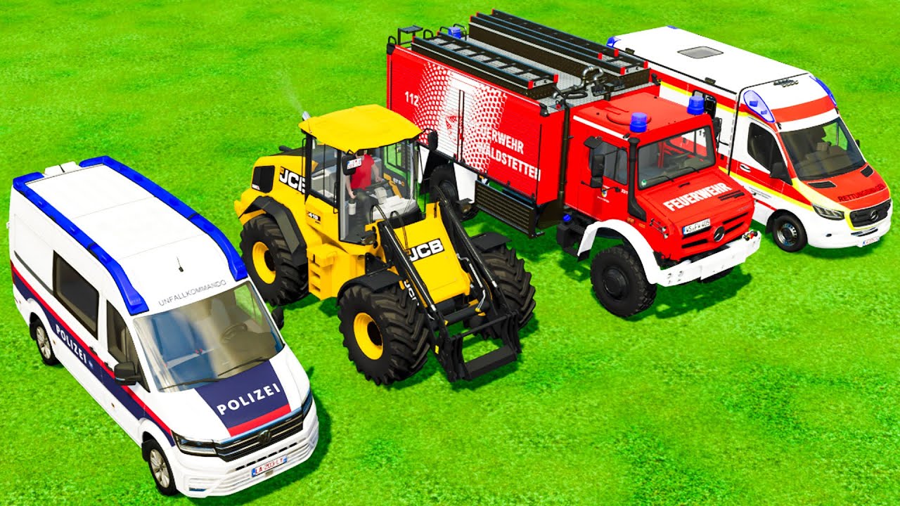 TRANSPORTING POLICE MINIBUS, JCB LOADER, FIRE DEPARTMENT, AMBULANCE ...