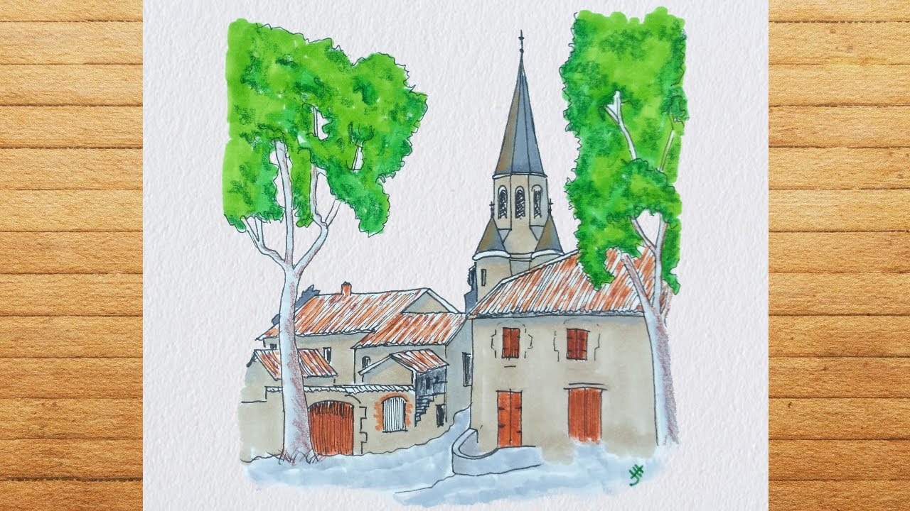 Drawing an Old City With Church || Landscape Drawing With Color Pencil ...
