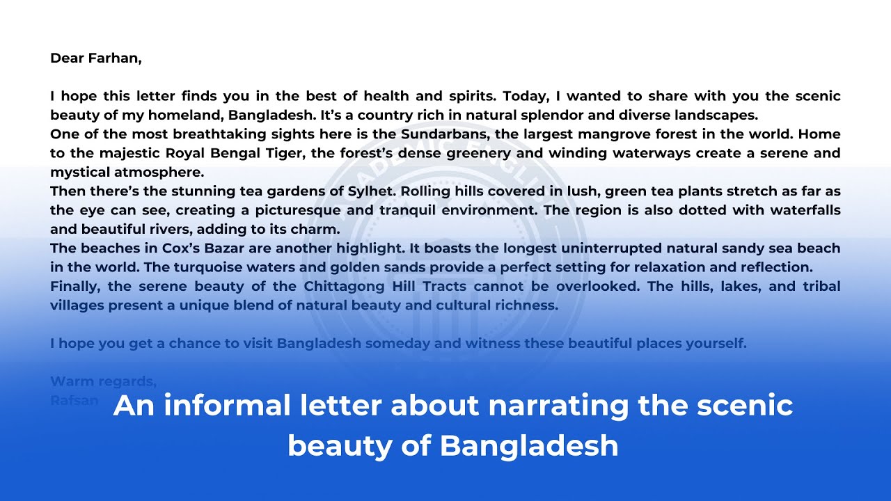 An informal letter about narrating the scenic beauty of Bangladesh ...