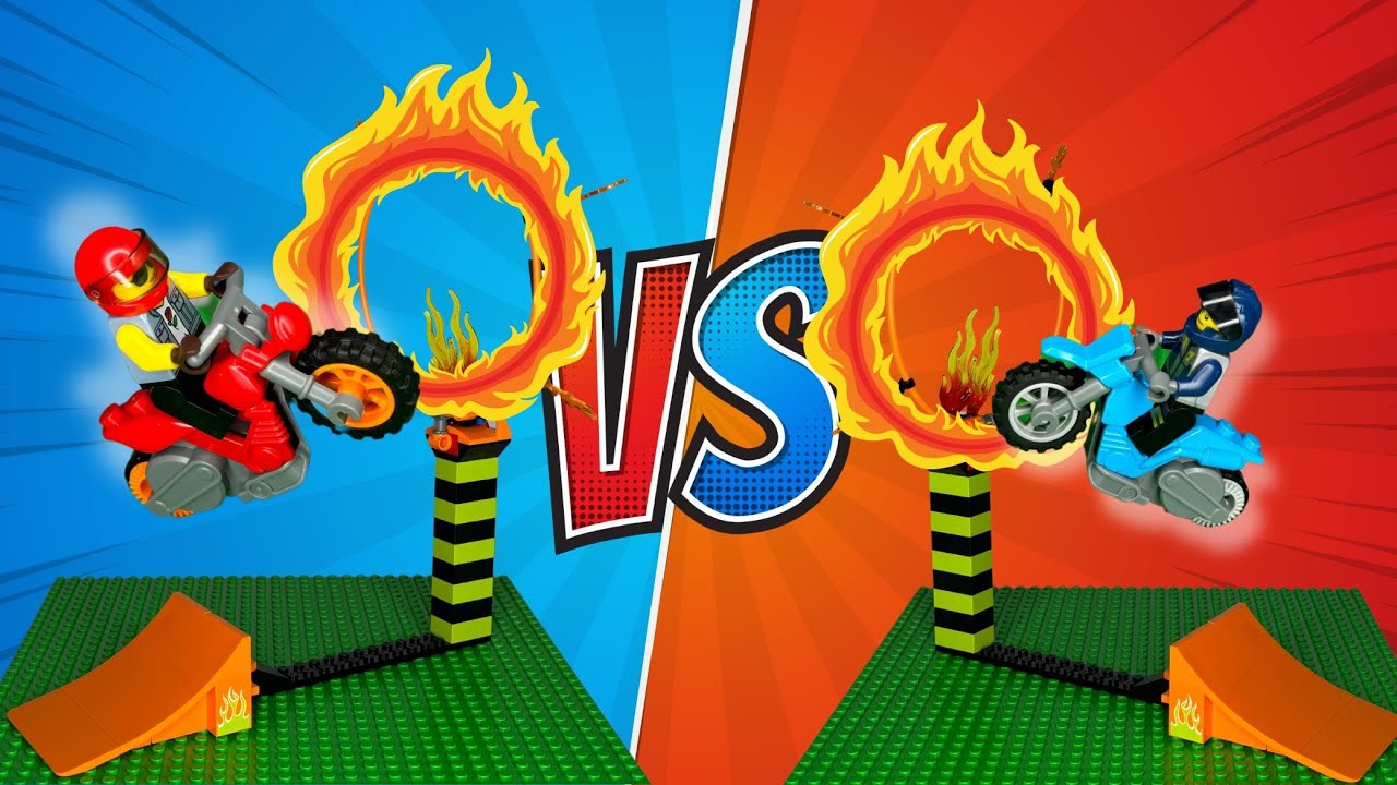 Red LEGO motorcycle VS blue LEGO motorcycle. Jump battle through the ...