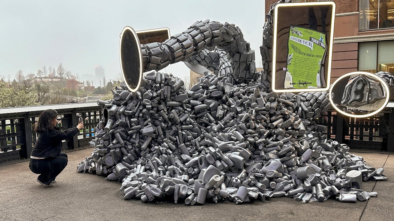 Plastic waste art installation encourages reusables - YouTube