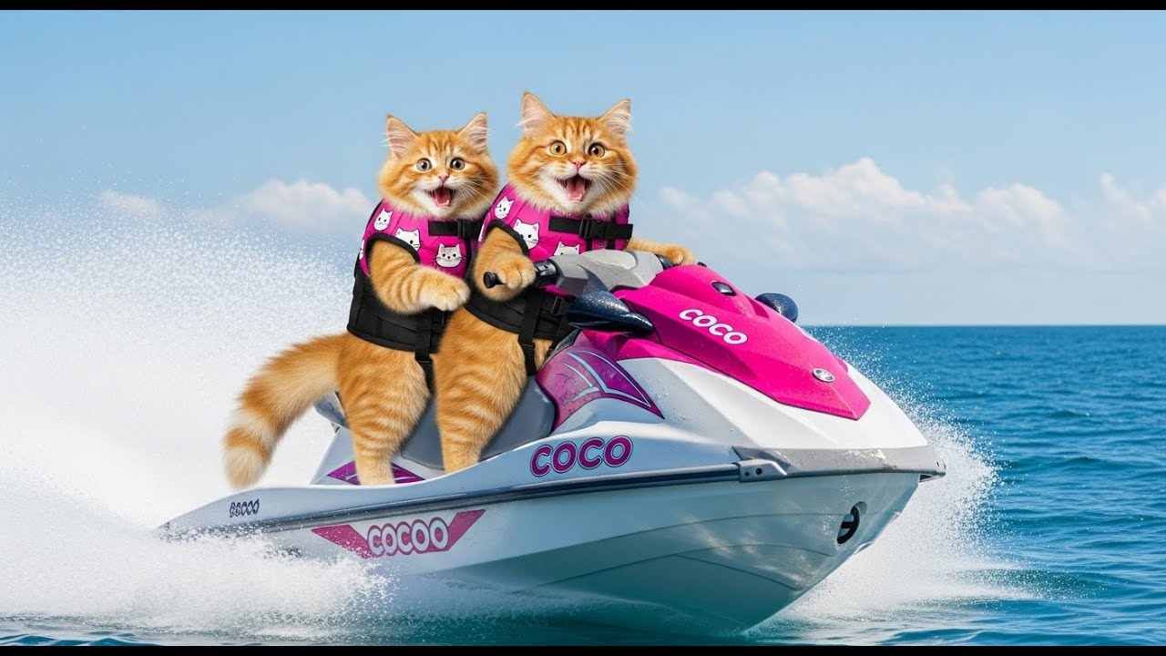 Cats on Adventure 🌊🐾 Jet Ski, Waterfall BBQ & Helping a Dog | Cute Cat ...