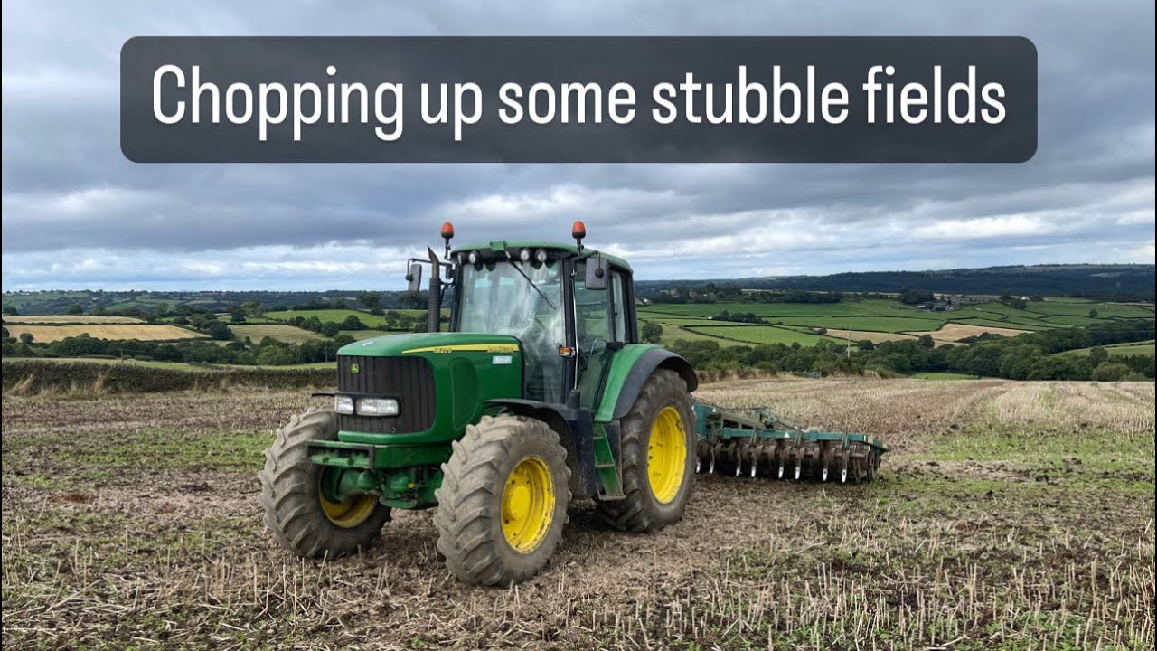 Discing and pressing stubble fields - YouTube