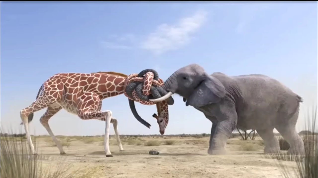 giraffe VS elephant fight #viral - YouTube