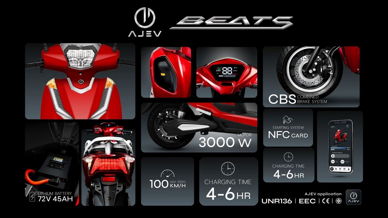 AJ BEATS รถมอเตอร์ไซค์ไฟฟ้า มอเตอร์ 3000 W ระยะทางวิ่ง 100 กิโลเมตร จาก ...