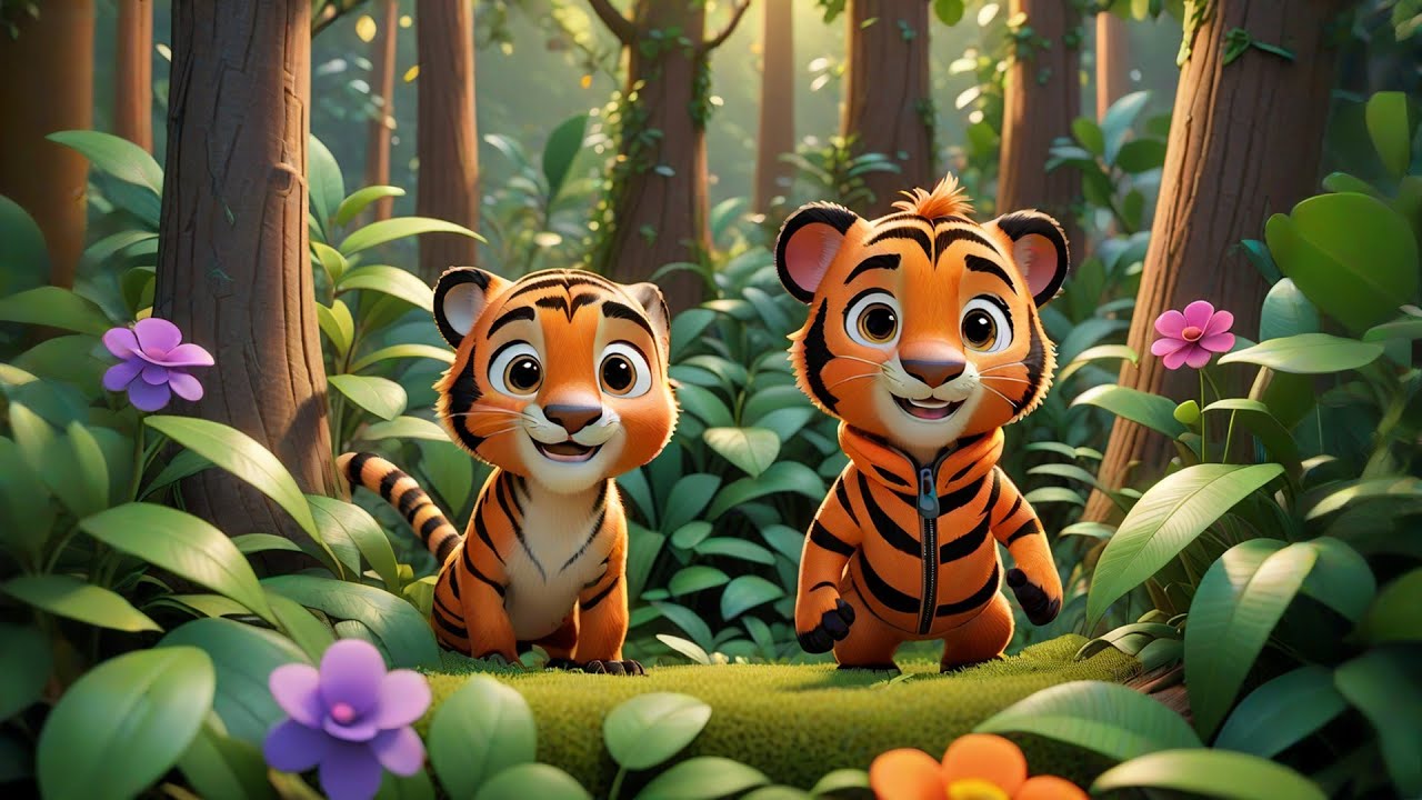 Three Tiny Tigers Tiptoe Slow | Animal Action Song for Kids | Nursery ...