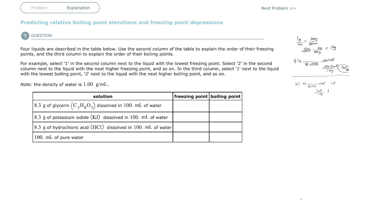 Aleks Predicting relative boiling point elevations and freezing point ...