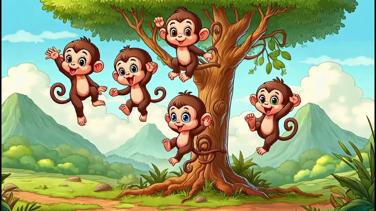 five little monkeys 🐒🐒🐵🐵🐒 swinging in the tree. 🌳 nursery rhymes for ...