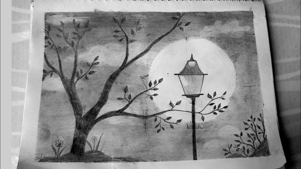 How to draw a scenery of moonlight night by pencil sketch step by step ...
