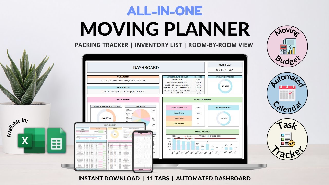 Ultimate Moving Planner Spreadsheet - Moving budget - Moving Tasks ...