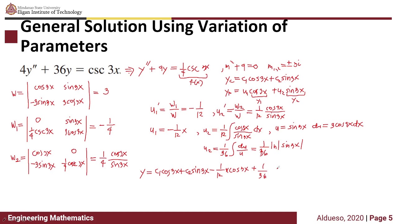 ENS181 - Engineering Mathematics: Variation of Parameters Part II - YouTube