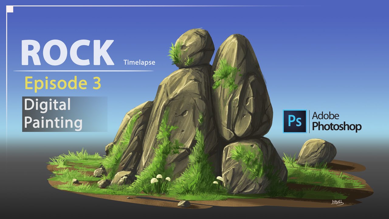Digital Painting Process: How to Paint Rock with Grass in Photoshop ...
