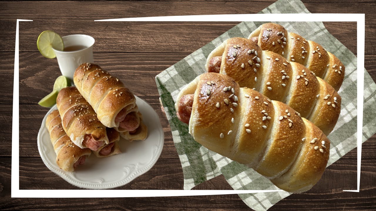 Leckere Wurstbrötchen. Würstchen im Teig. Essen für unterwegs, Schule ...